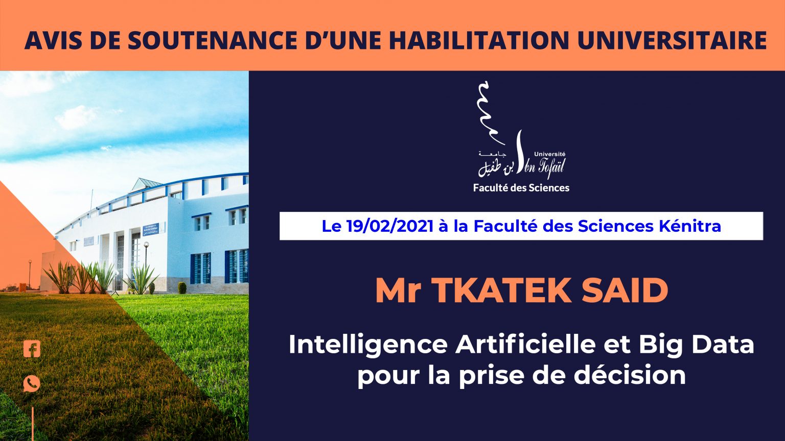 Avis de soutenance d’une habilitation universitaire (Pr TKATEK SAID) | Faculté des Sciences