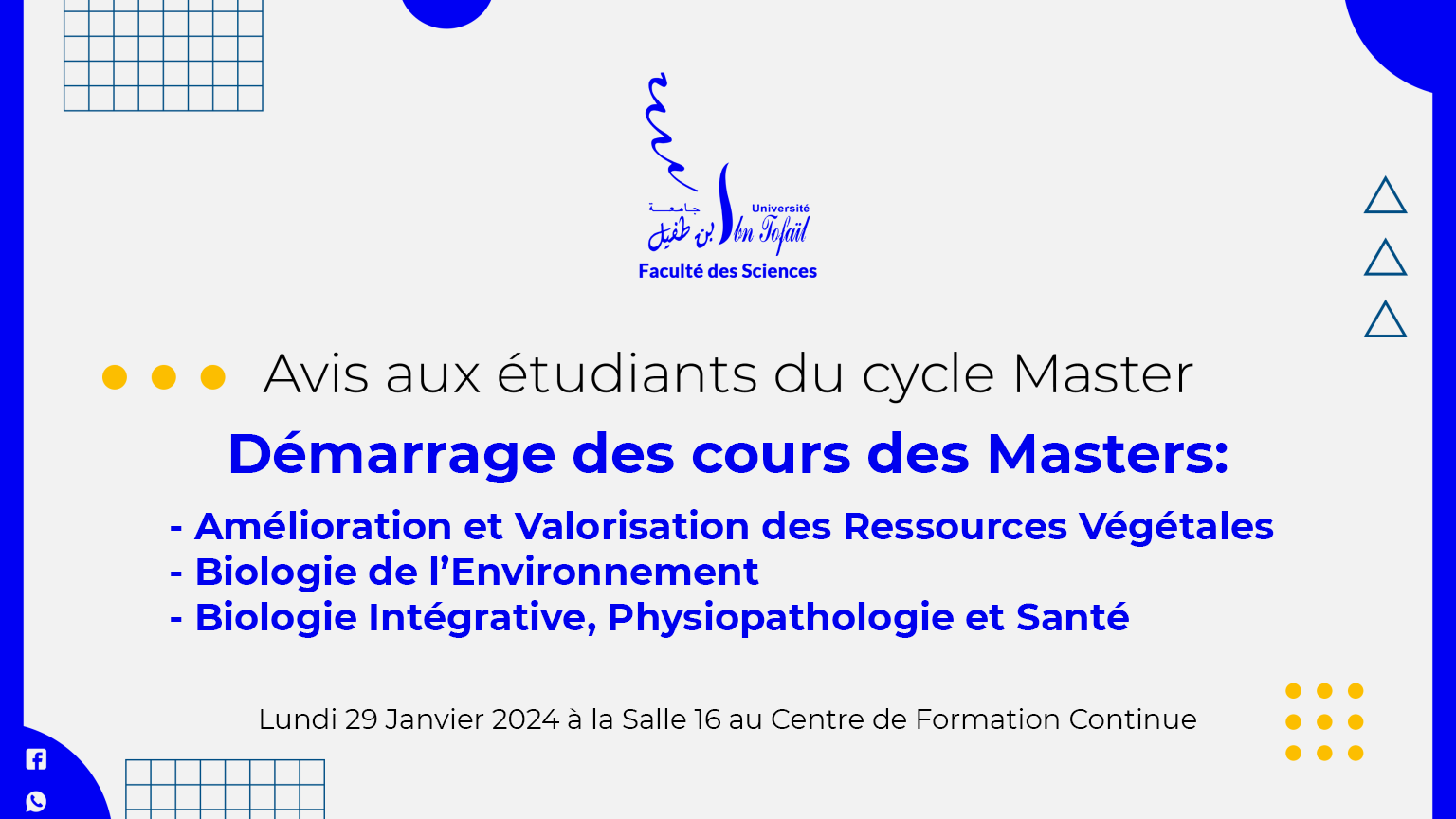 Démarrage des cours des Masters BIPS, BioEnv et AVRV | Faculté des Sciences