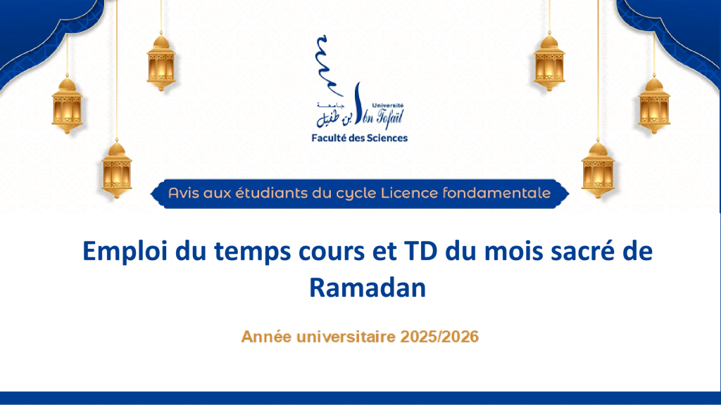 Emploi du temps cours et TD du mois sacré de Ramadan | Faculté des Sciences